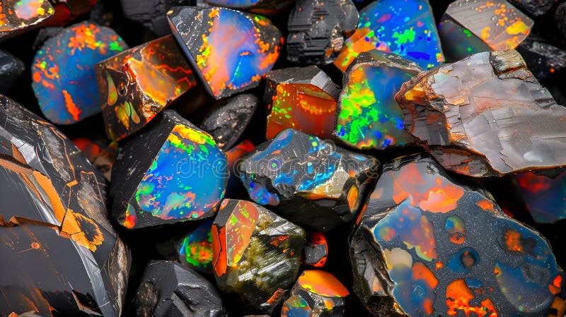 Colorful Opal Stones with Iridescent Textures Layered on a Dark ...