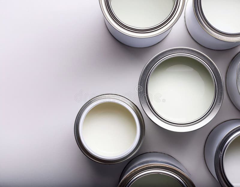 Various Opened Paint Cans with White Liquid Paint on a Simple ...