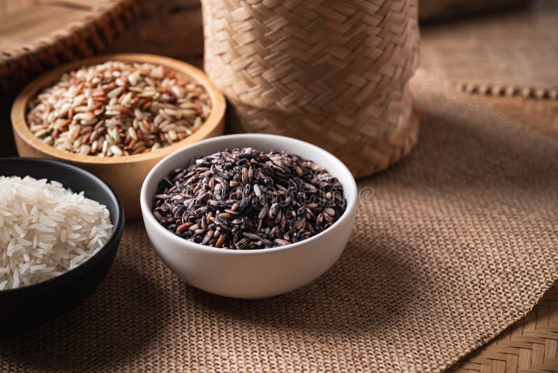 Various Organic Thai Rice Grain Purple, White and Brown Rice Stock ...