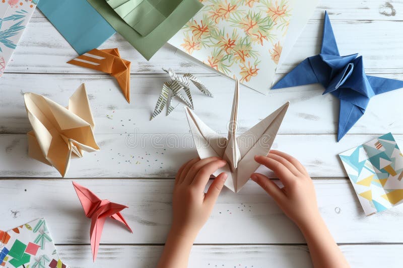 Various Origami Papers and a Halffinished Paper Crane with Small Hands ...