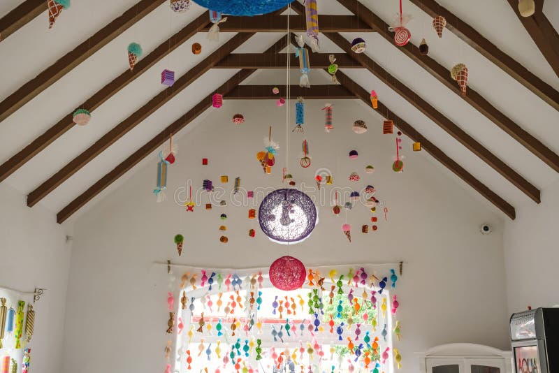 Various Ornaments Hanging from the Ceiling Stock Photo - Image of ...