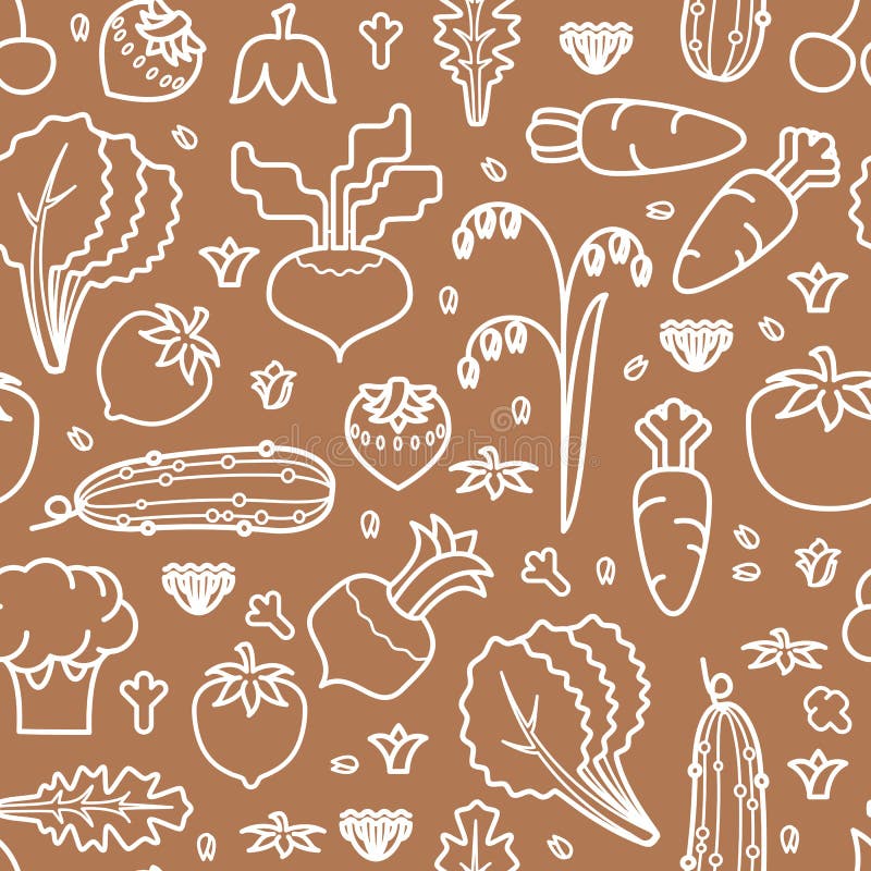 Various Outline Vegetables Isolated on Brown Background. Seamless ...