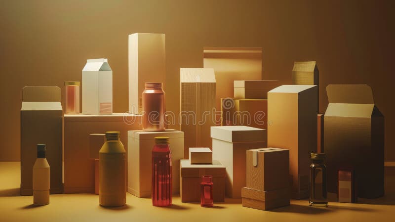 Various Packaging Boxes and Bottles Arranged Under Warm Lighting ...