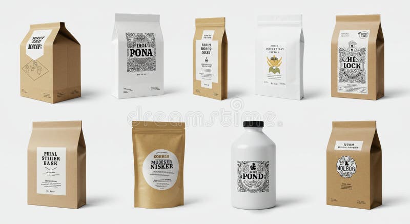 Various Packaging Designs on a White Background Include Bags and a ...