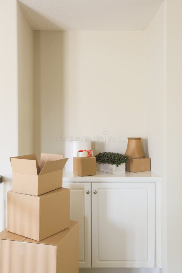 Various of Packed Moving Boxes in Empty Room Stock Photo - Image of ...