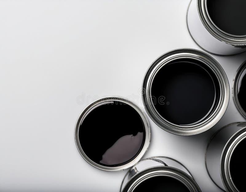 Various Paint Cans Filled with Black Paint Arranged on a White Surface ...