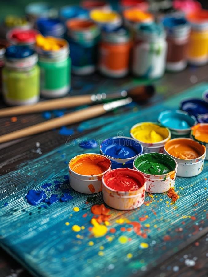 Various Paint Colors and Paintbrushes on a Wooden Surface. Stock Photo ...