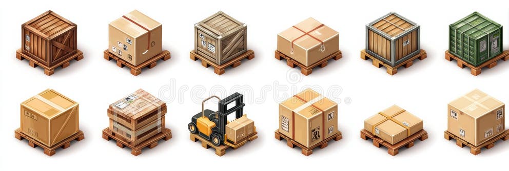 Illustration of Logistics Icons Featuring Pallets and Boxes in a Clear ...