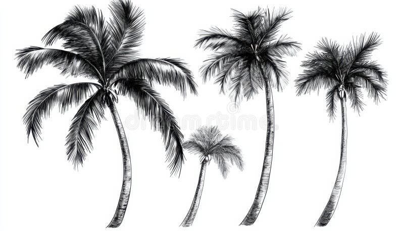 Various Palm Trees Illustrated in Black and White on a Plain Background ...
