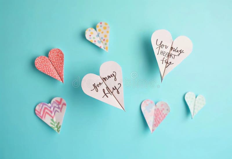 Colorful Paper Hearts Floating on a Vibrant Blue Background Create a ...