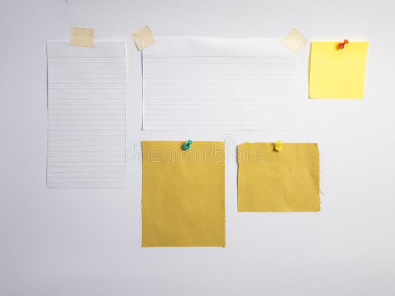 Various Paper Notes Pinned and Taped on a White Background Stock Image ...