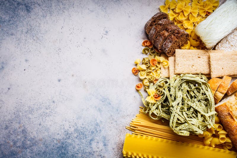 Various Pasta Background. Bread and Different Pasta on Gray-blue ...