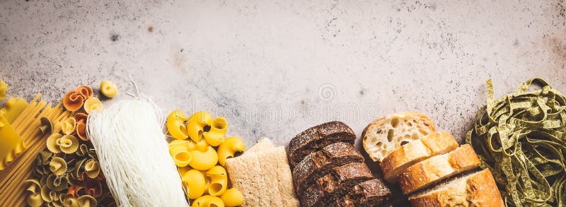 Various Pasta Background. Bread and Different Pasta on Gray-blue ...