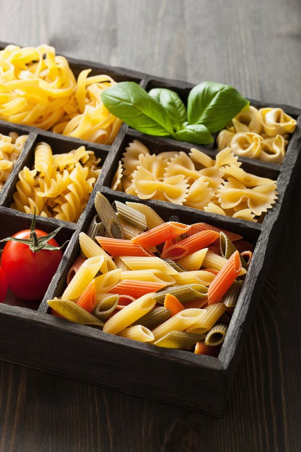 Various Pasta in Black Wooden Box Stock Photo - Image of kitchen ...