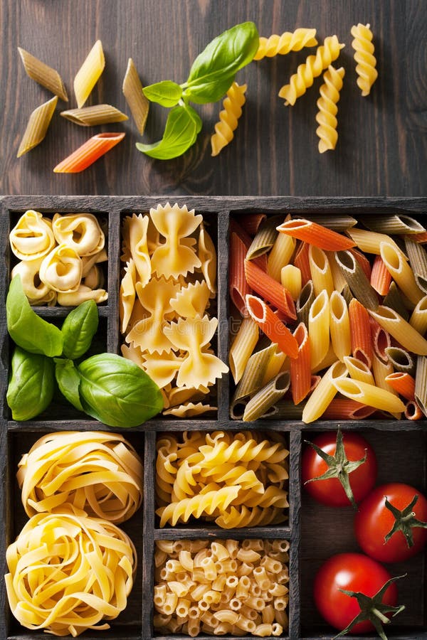 Various Pasta in Black Wooden Box Stock Photo - Image of italian ...