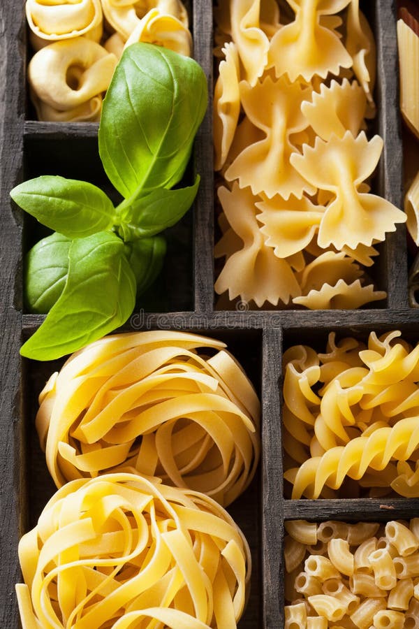Various Pasta in Black Wooden Box Stock Image - Image of macaroni ...