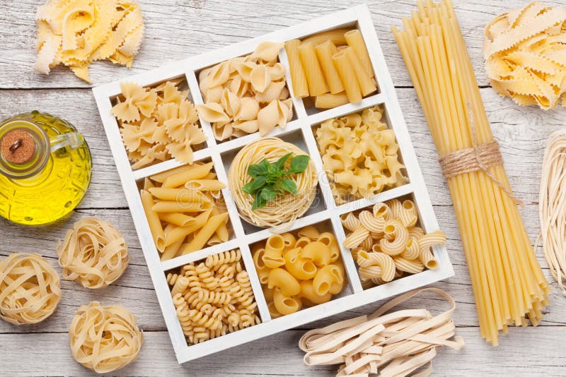 Various Pasta in Wooden Box Stock Image - Image of fidellini, basil ...