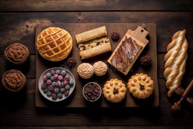 Various Pastry Items Against a Wooden Background Stock Illustration ...