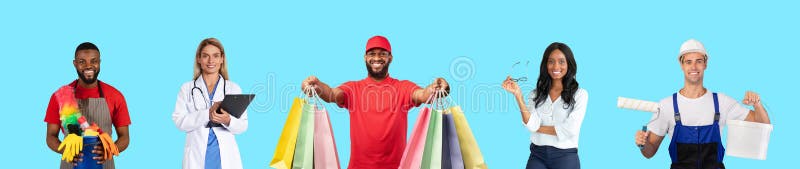 Various People of Different Professions Posing Together on Blue ...