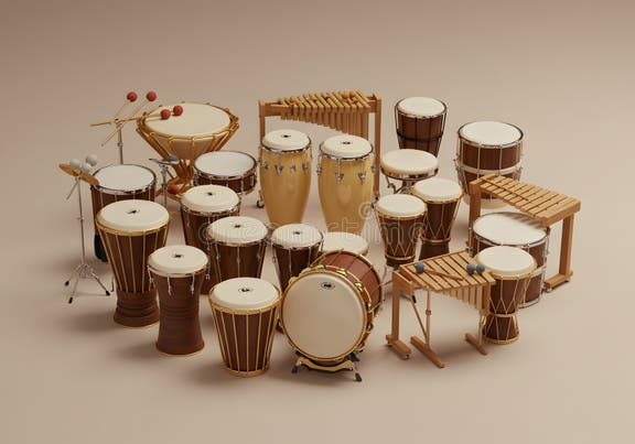 Various Percussion Instruments Displayed Featuring Drums and Xylophone ...