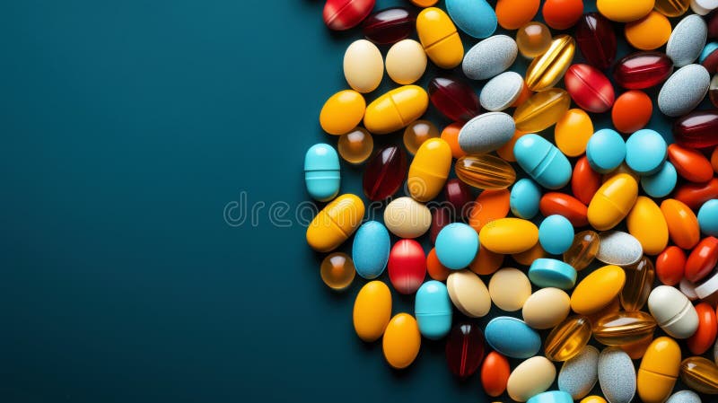 Various Pharmaceuticals, Tablets, Capsules Scattered on a Blue ...