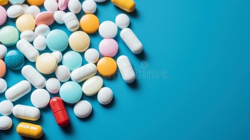 Various Pharmaceuticals, Tablets, Capsules Scattered on a Blue ...