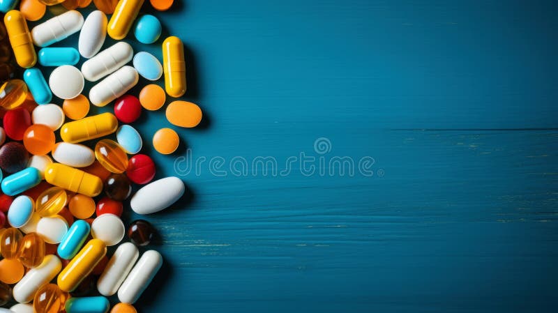Various Pharmaceuticals, Tablets, Capsules Scattered on a Blue ...