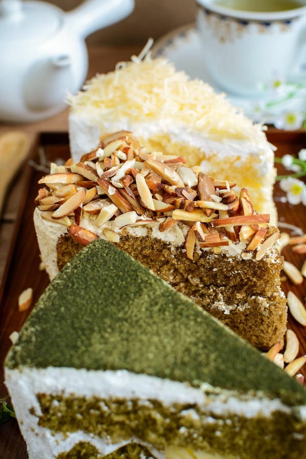 Japanese Matcha Green Tea Cake with Cup of Tea Stock Image - Image of ...
