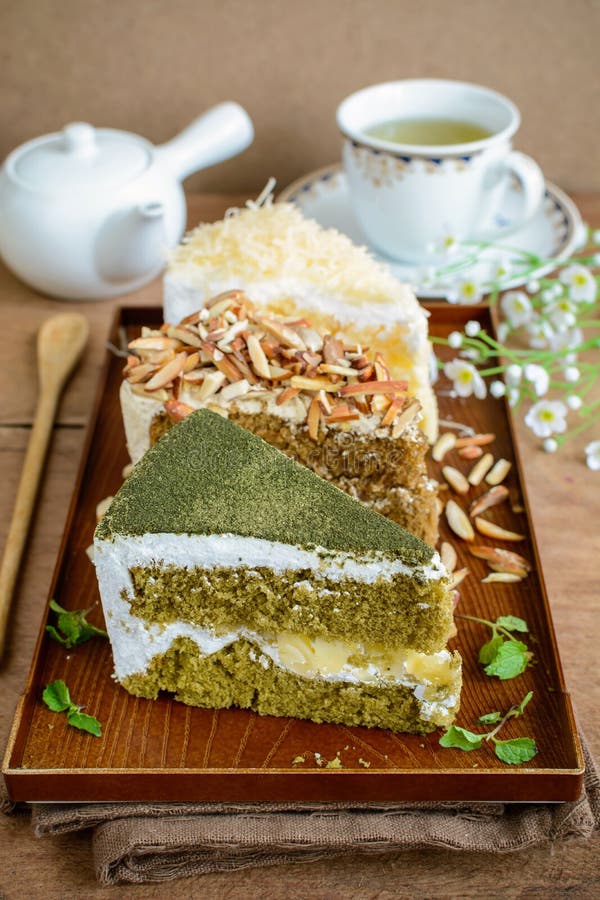 Japanese Matcha Green Tea Cake with Cup of Tea Stock Image - Image of ...