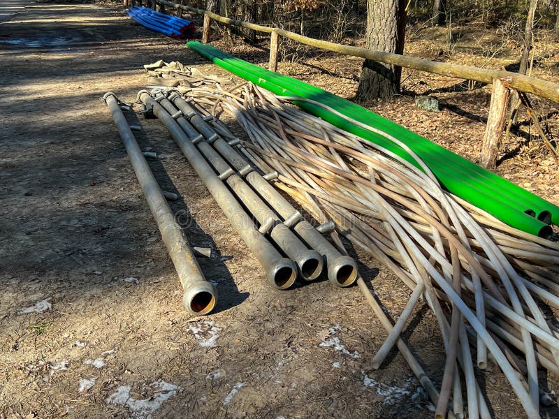 Various Pipes Lying Along Forest Road Construction Sewage System Stock ...