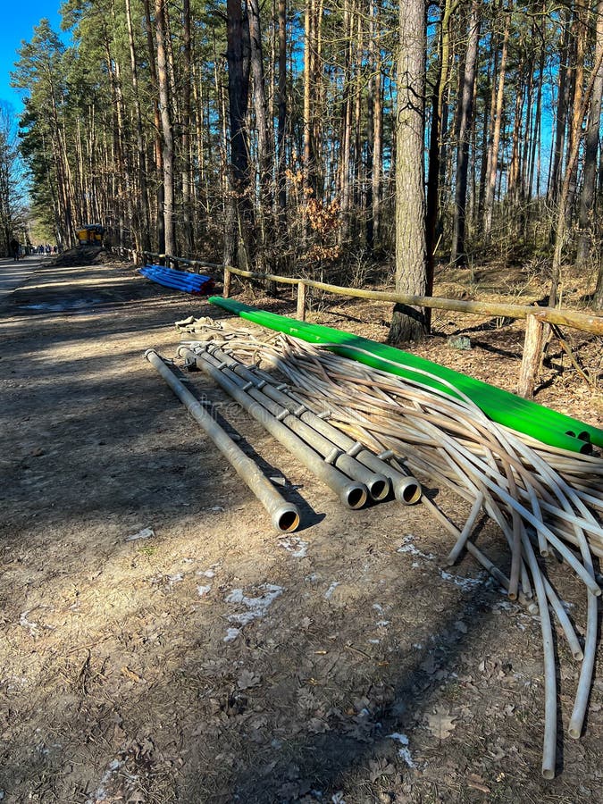 Various Pipes Lying Along Forest Road Construction Sewage System Stock ...