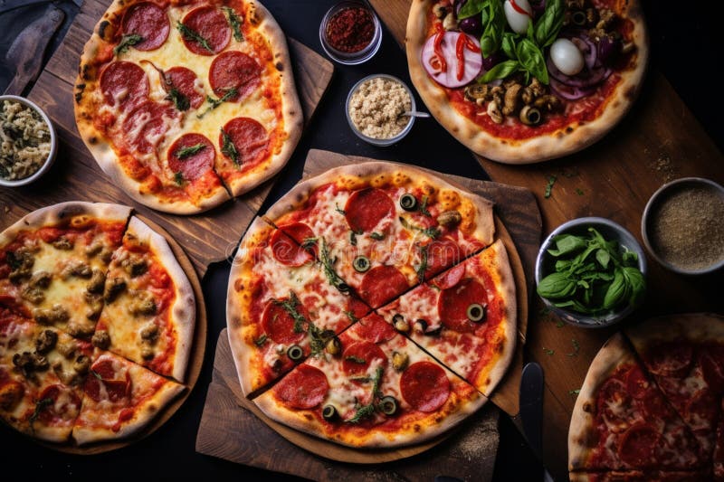 Various Pizzas on the Table, Pizza Fest Stock Illustration ...