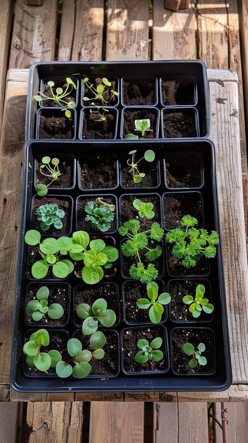 Various Plant Seedlings in Seedling Tray on Wooden Table Stock Image ...