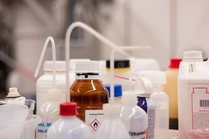 Various Plastic Bottle Chemical Containers in a Science Laboratory ...