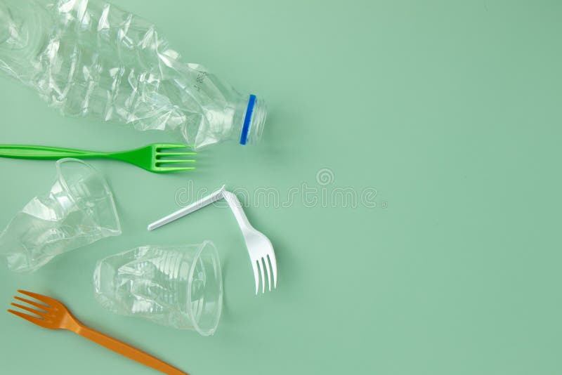 Various Plastic Trash on Blue Background, Waste Sorting and Recycling ...