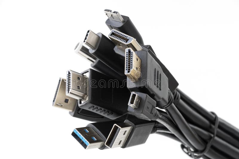 Various Plugs and Jacks with USB, HDMI, DisplayPort, Type-C Stock Image ...
