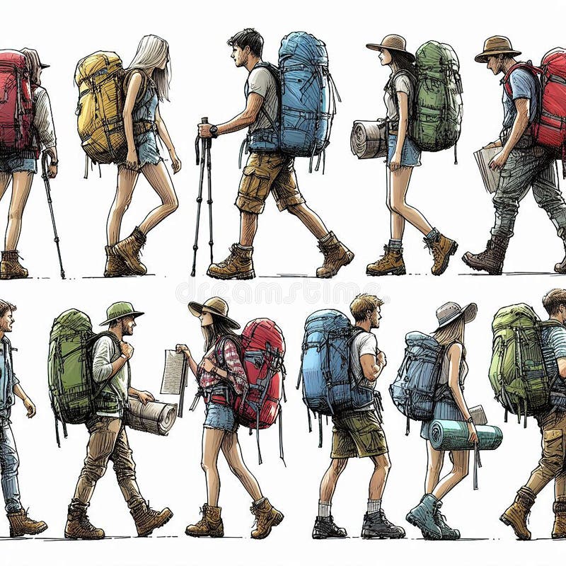 Various pose of trekkers stock illustration. Illustration of trekker ...