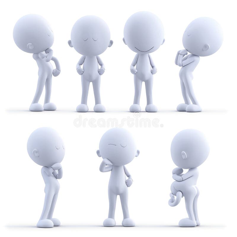 Collection of Six White 3D Characters in Various Poses Stock ...