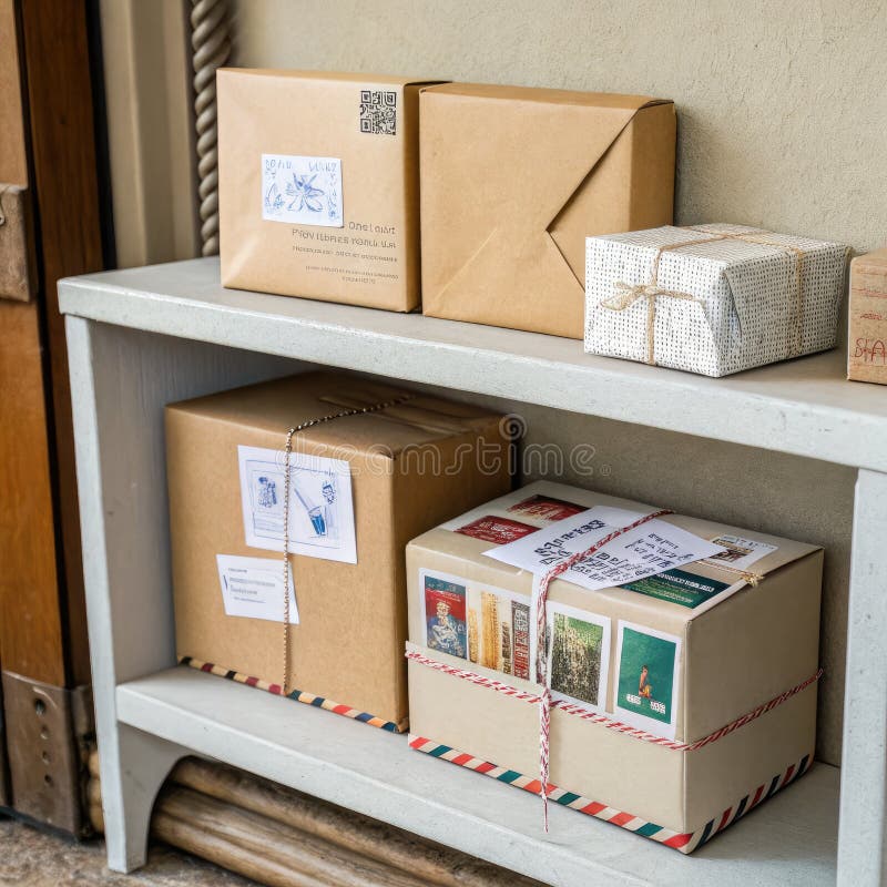 Postal Parcels Neatly Arranged on a Small Shelf in a Delivery Area ...