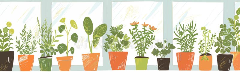 Various Potted Plants Placed on Window Sill Banner. Panoramic Web ...