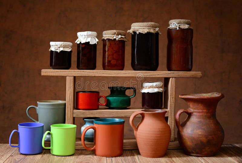 Various Pottery and Jam in Jars of Glass Stock Photo - Image of ...
