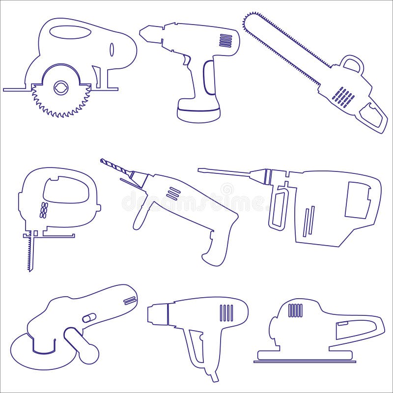 Various Power Tools Outline Icons Set Stock Vector - Illustration of ...