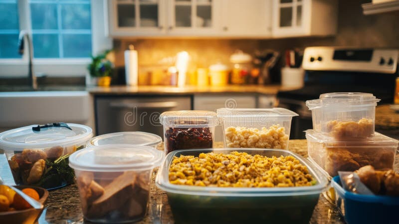 Various Prepared Foods in Plastic Containers on a Kitchen Counter Stock ...