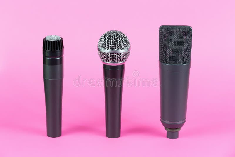 Various Professional Microphones on Pink Background Stock Image - Image ...