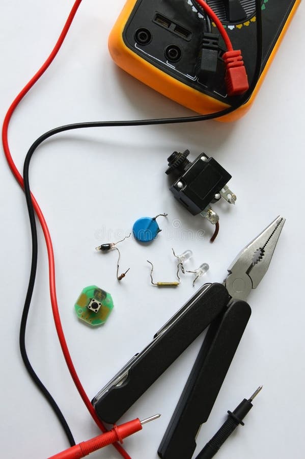 Various Radio Components, the Tool and the Measuring Tool on a White ...