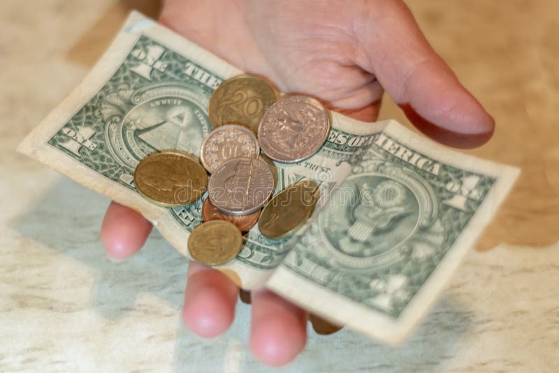 Various Random Cash Dollar Bills and American Coins Scattered Stock ...