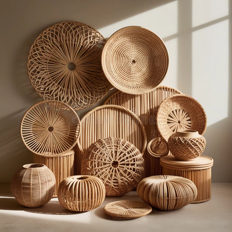 Various Rattan Baskets on Display, Highlighting Their Unique Designs ...