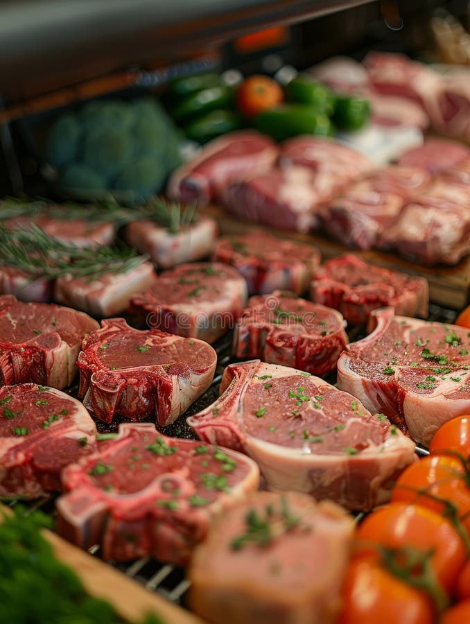 Various Raw Meat Cuts Displayed in a Butcher Shop Stock Image - Image ...
