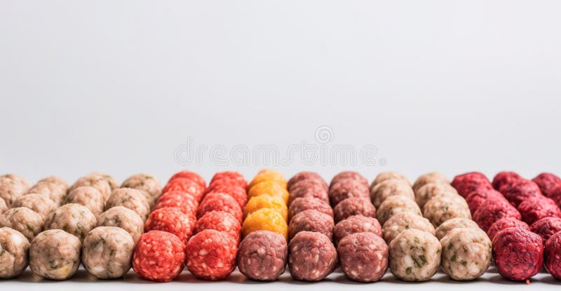 Various Raw Meat Fresh Meatballs in a Row, Culinary Ingredient, White ...