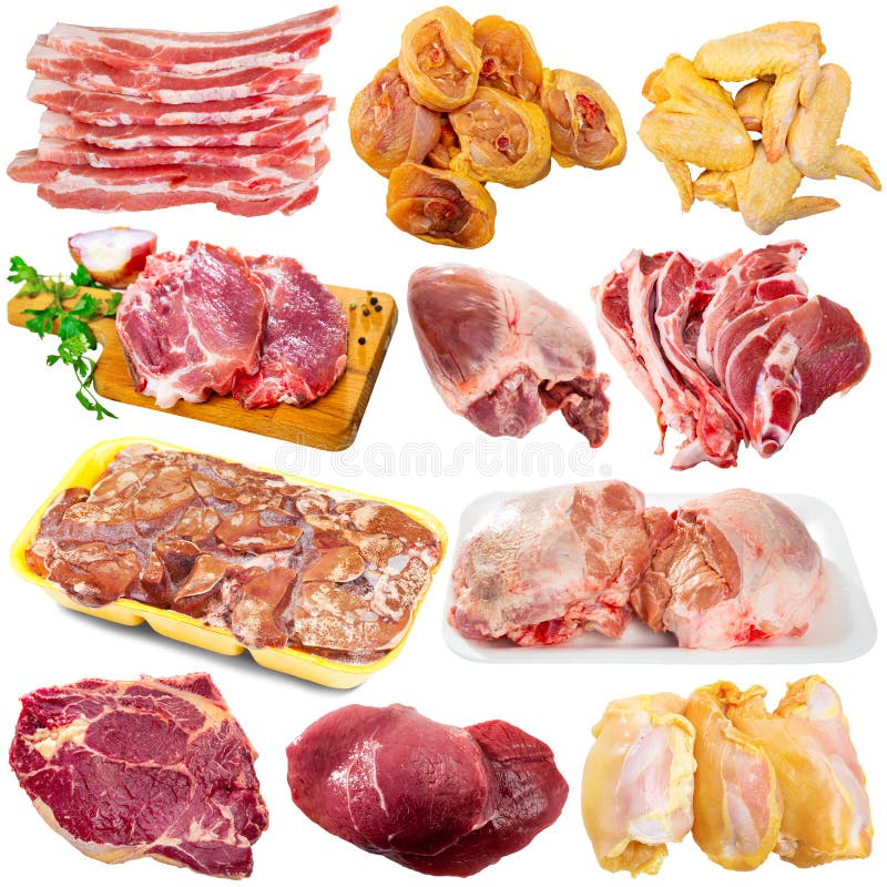 Various Raw Meat Products Isolated on White Background Stock Photo ...